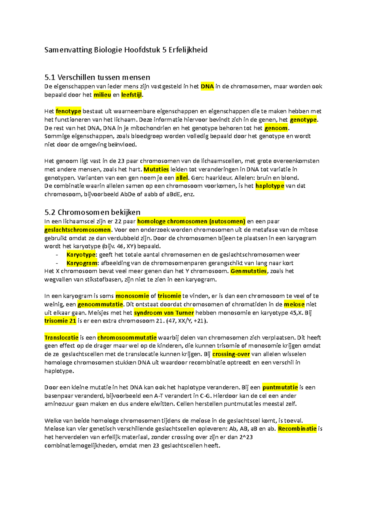 Biologie Samenvatting Hoofdstuk 5: Erfelijkheid en Genetica - Studeersnel