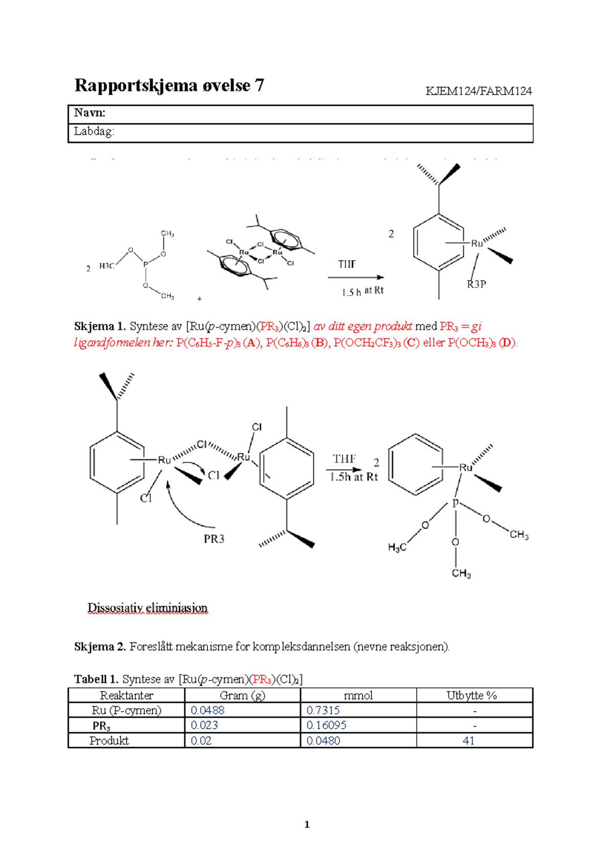 Syntese- og NMR-analyse for KJEM124 Øvelse 7 av [Ru(p-cymen)(PR3)(Cl)2 ...