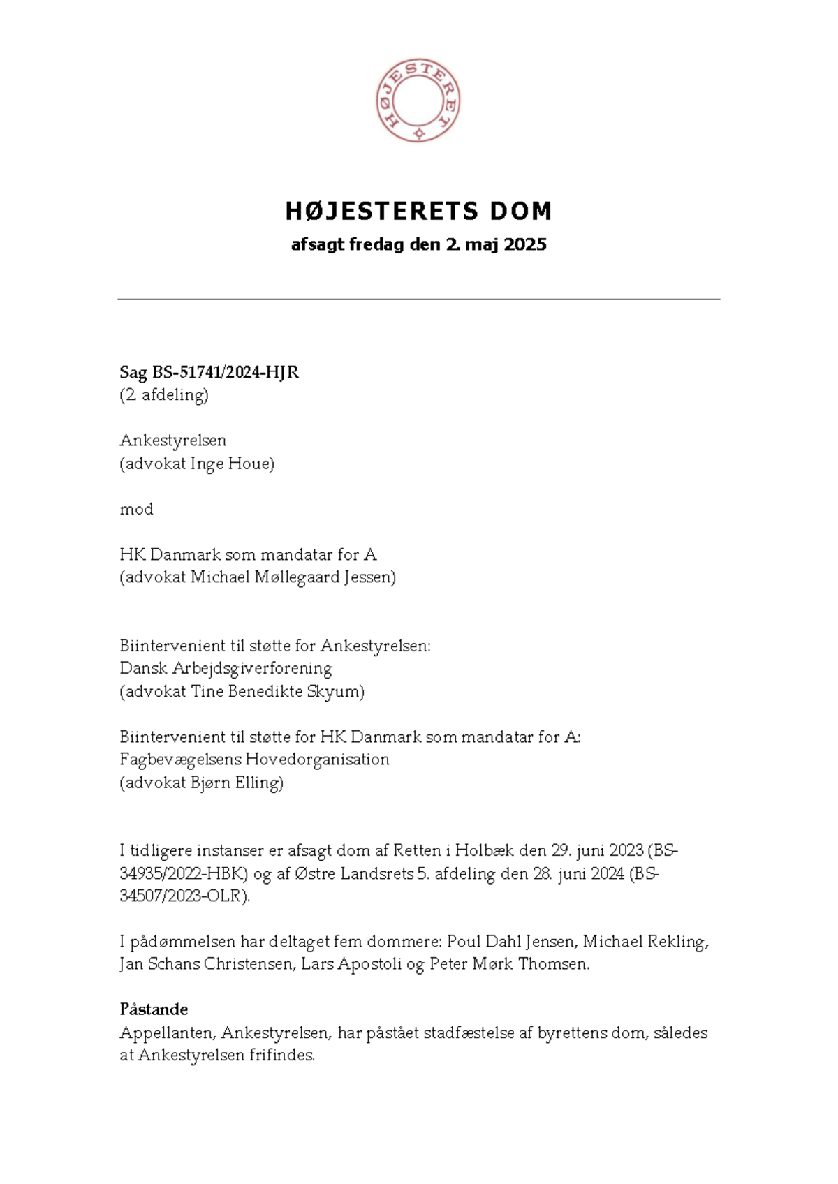 Højesteretsdom om arbejdsskade (Sag 51741) - Afsagt 2. maj 2025 ...