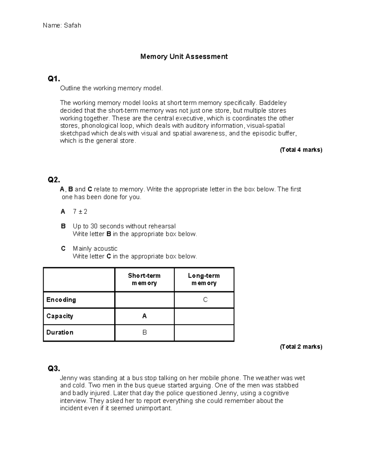 PSY101: Safah Memory Unit Assessment - Working Memory Model ...