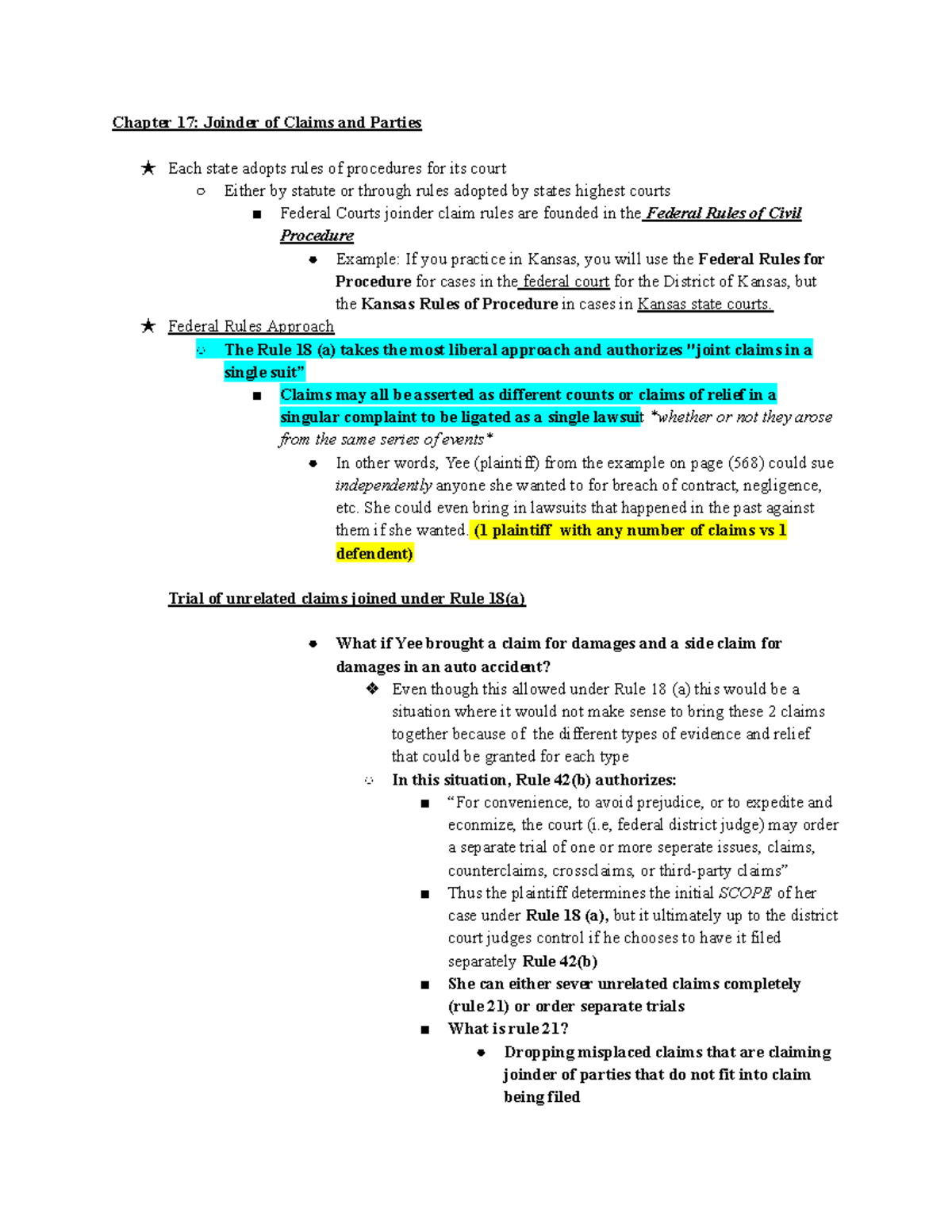 Final Exam Notes: Joinder of Claims and Parties (Law 101) - Studocu