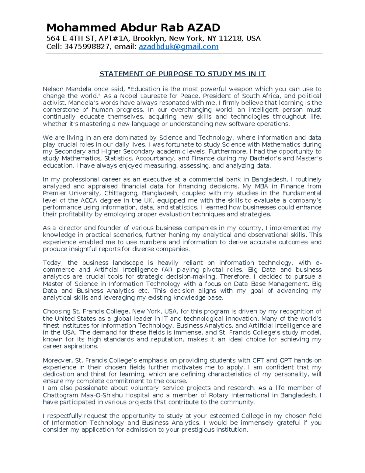 SOP for ST Francis College - Mohammed Abdur Rab AZAD 564 E 4TH ST, APT ...