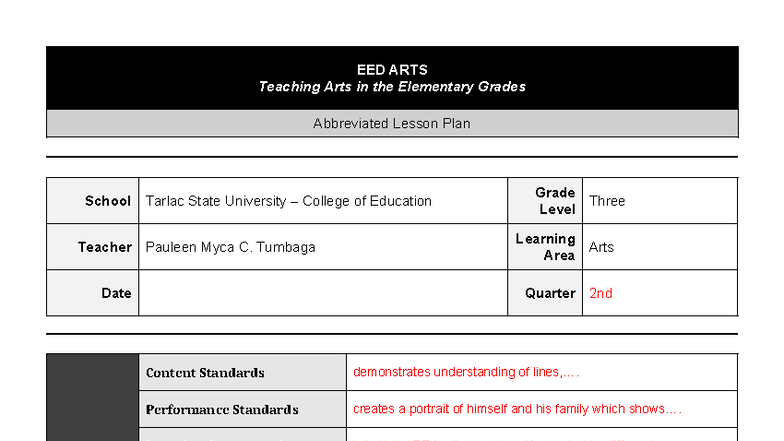 EED ARTS Grade 3 Abbreviated Lesson Plan on Basic Shapes in Art - Studocu