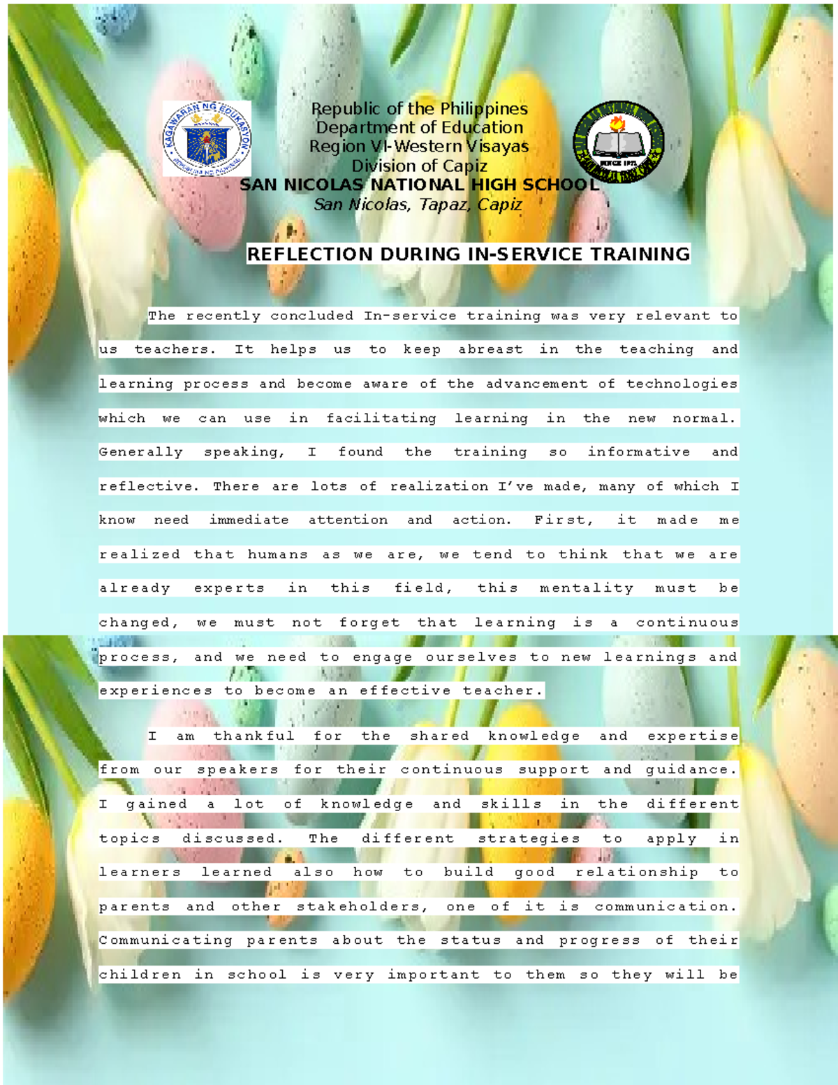 INSET 2023 Reflection on Teacher Training and Development - Studocu