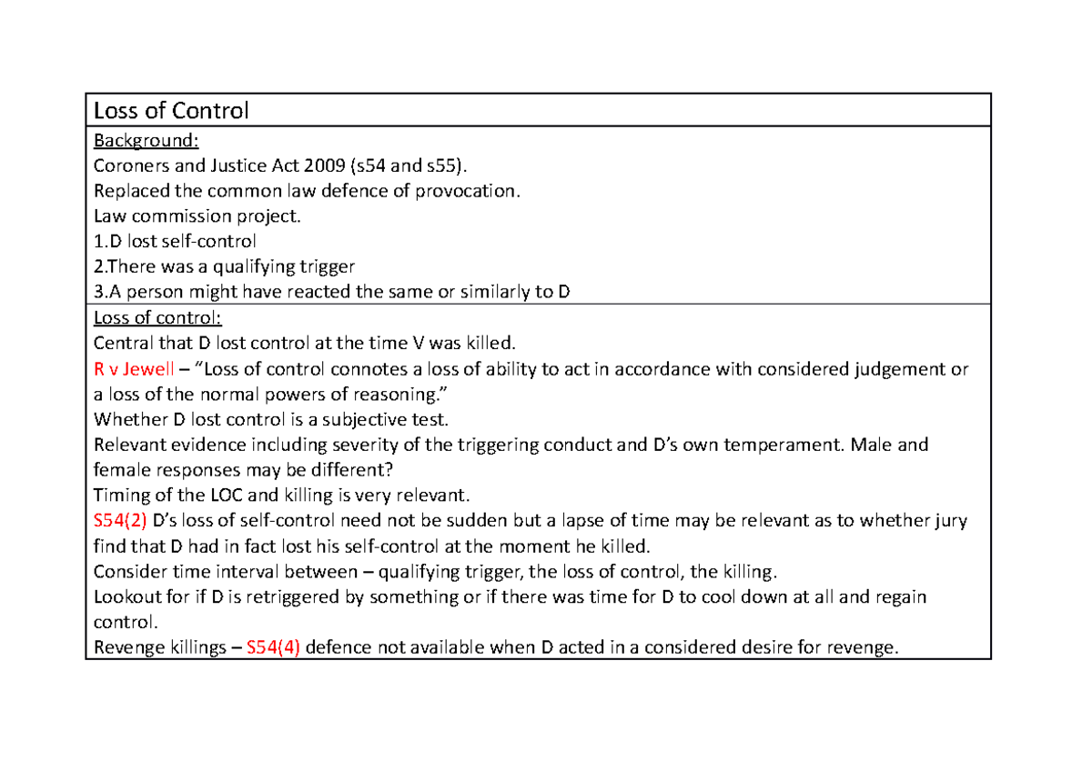 Loss of Control: Revision Summary for Law Exam (Coroners Act 2009 ...