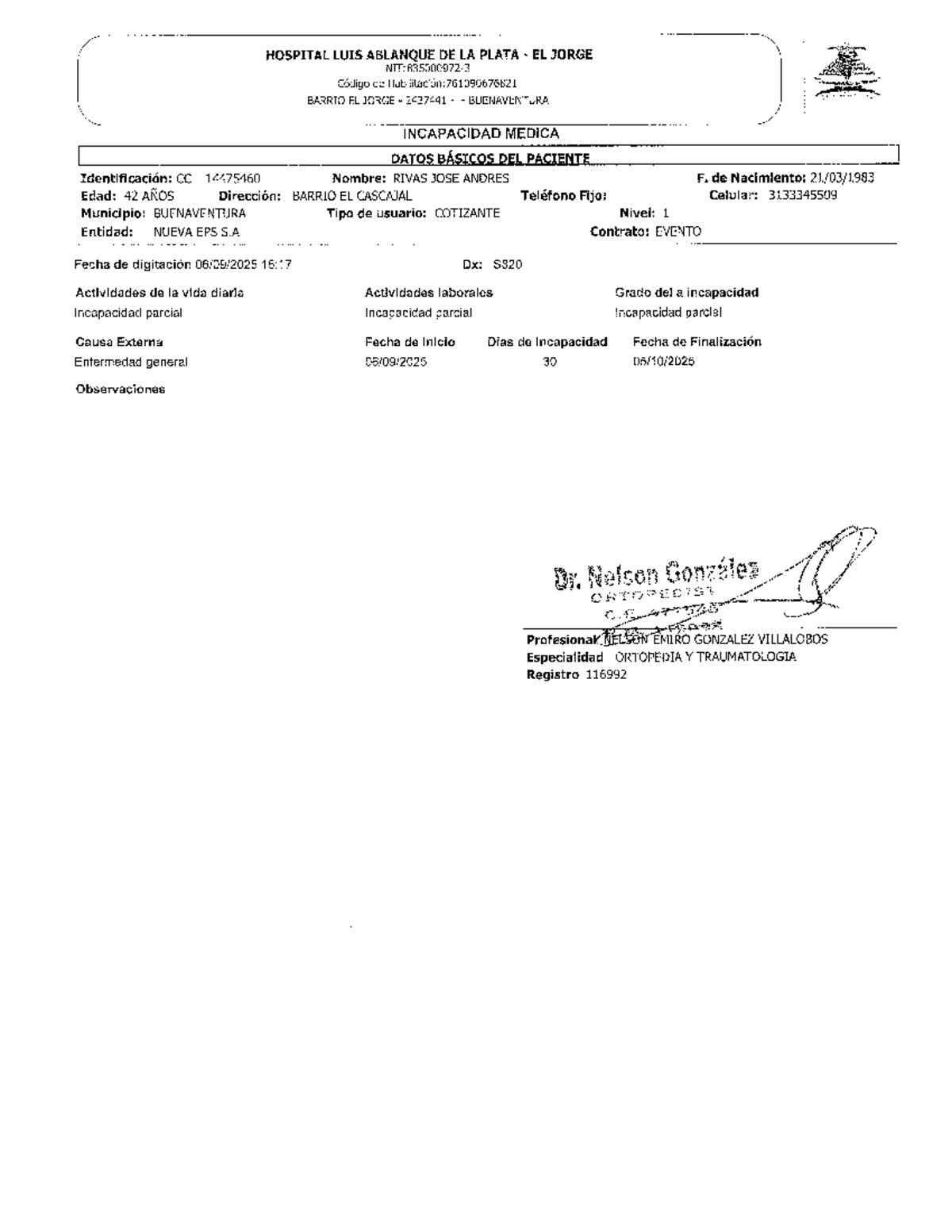 Incapacidad Médica de Jose Andres Rivas Machado - HOSPITAL LUIS ...