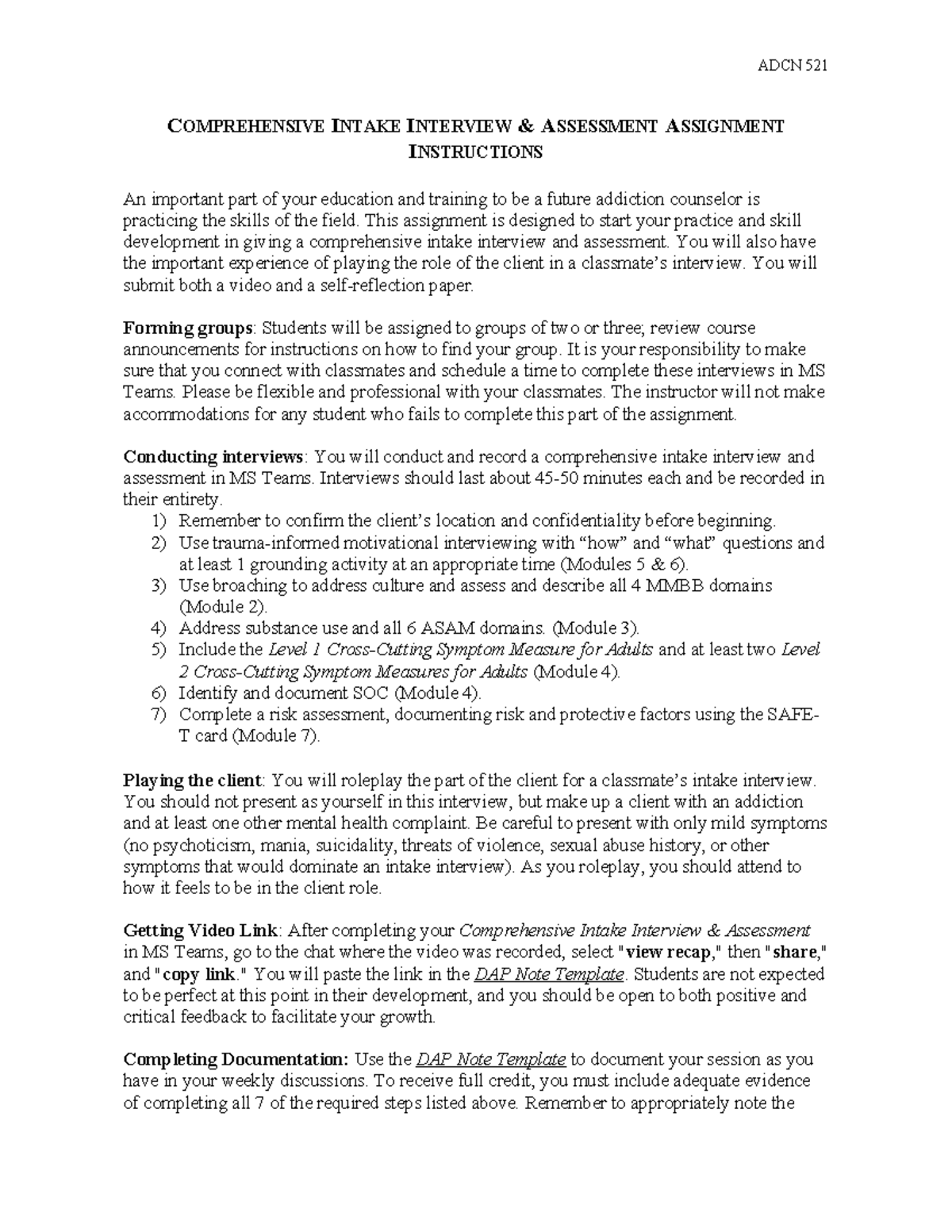 ADCN 521 Comprehensive Intake Interview & Assessment Guidelines - Studocu