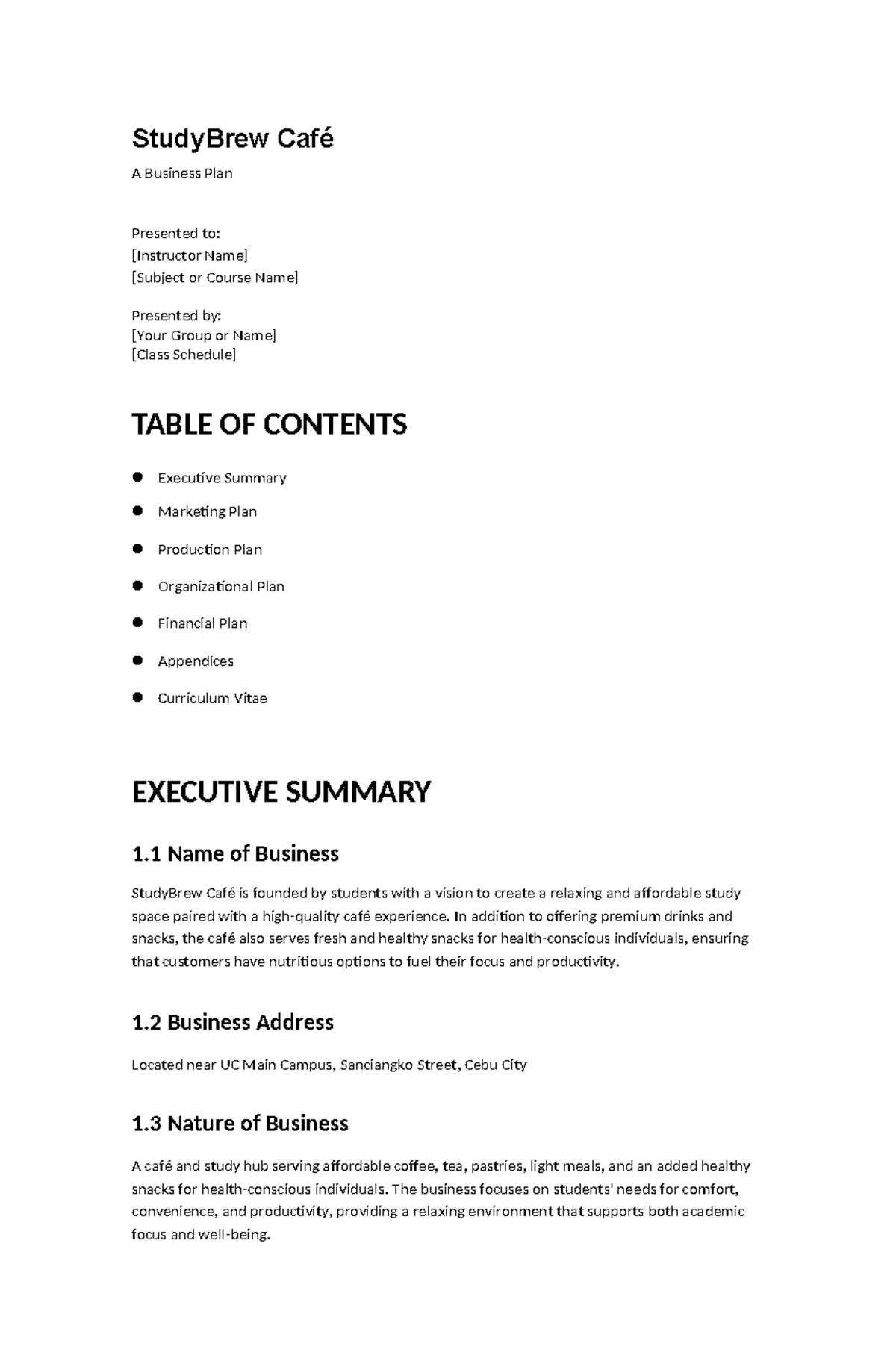 Business Plan for StudyBrew Café: A Student-Centric Study Hub - Studocu
