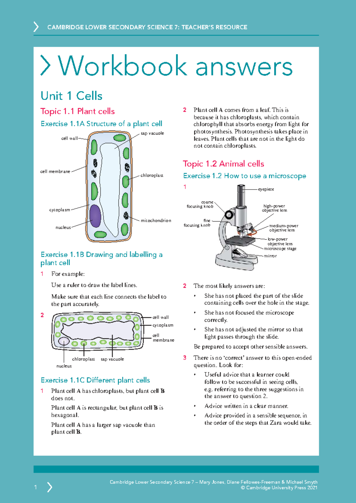 CAMBRIDGE LOWER SECONDARY SCIENCE 7: RESOURCE Workbook Answers for Unit ...