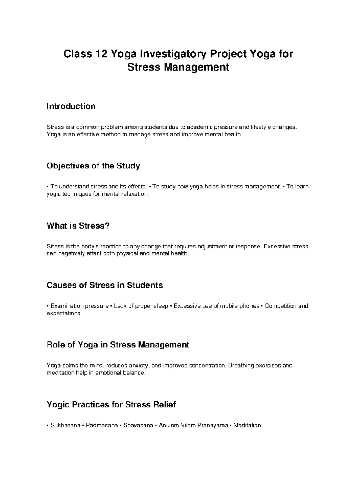 Class 12 Yoga Project: Stress Management Through Yoga Techniques - Studocu