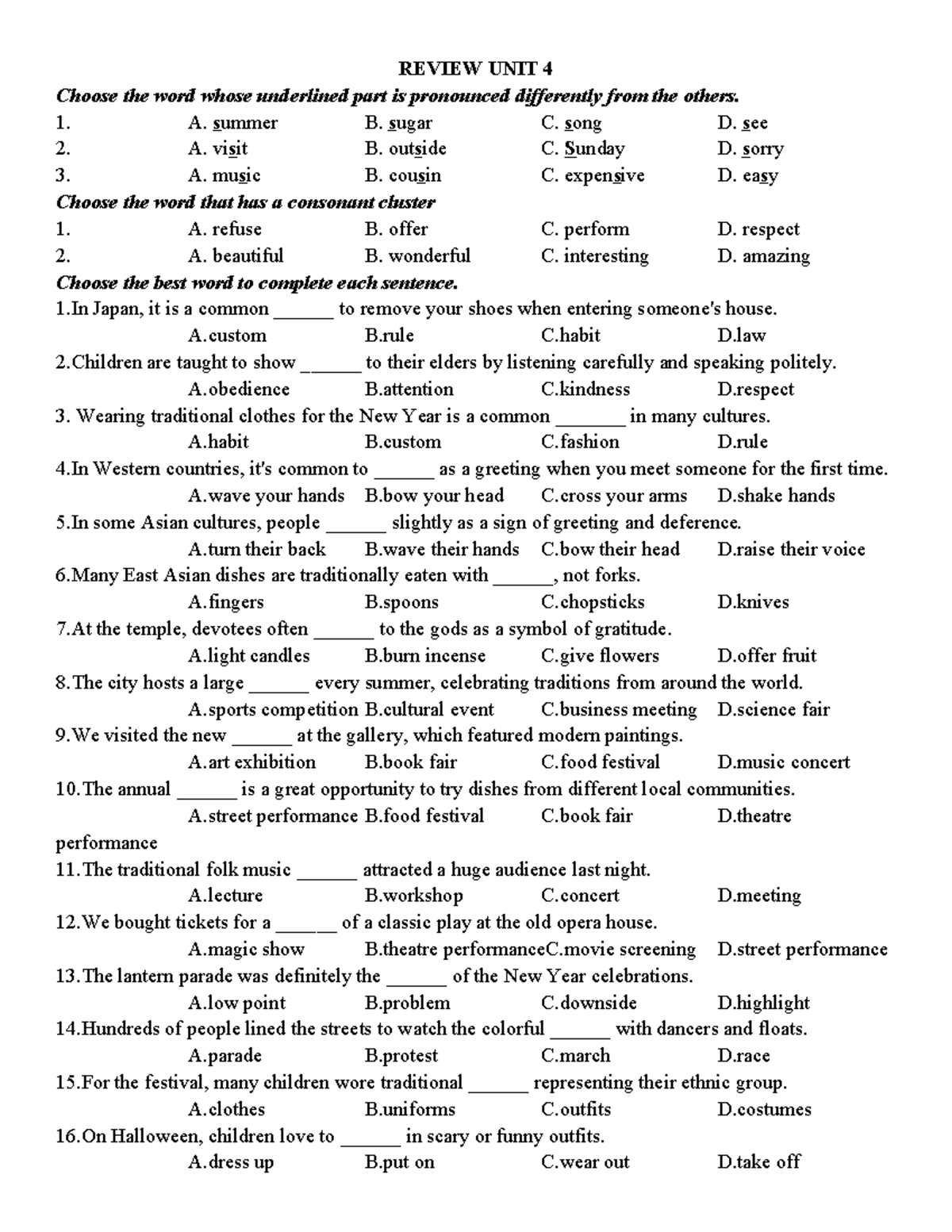 Review UNIT 4 - Pronunciation and Vocabulary Exercises - Studocu