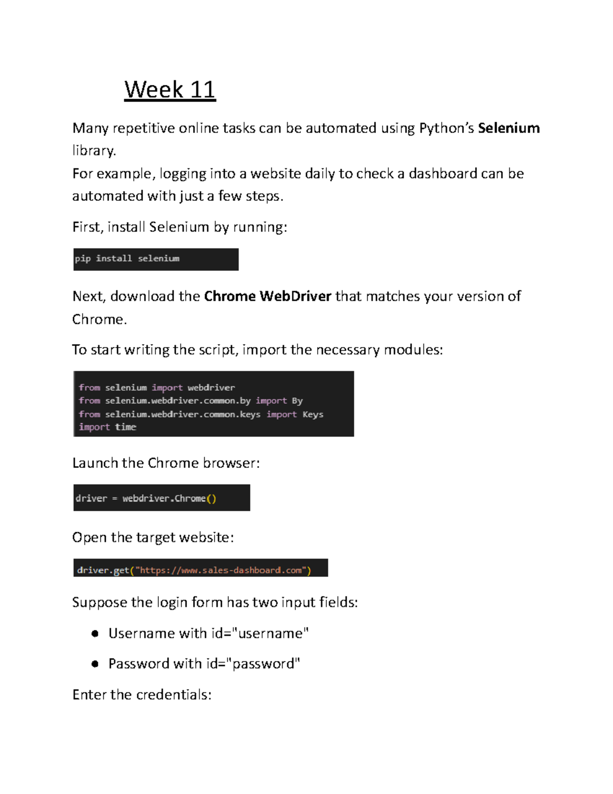 Week 11 - Automating Online Tasks with Selenium and Python - Studocu