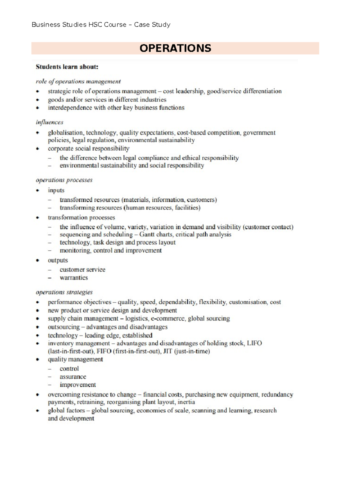 Business Studies HSC Course – Case Study - OPERATIONS Operations Roles ...