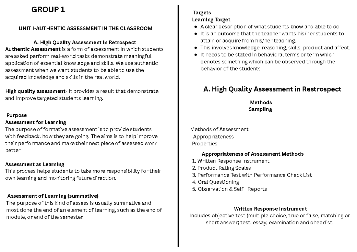 Assess Notes 090905: High Quality Assessment & Performance Tasks - Studocu