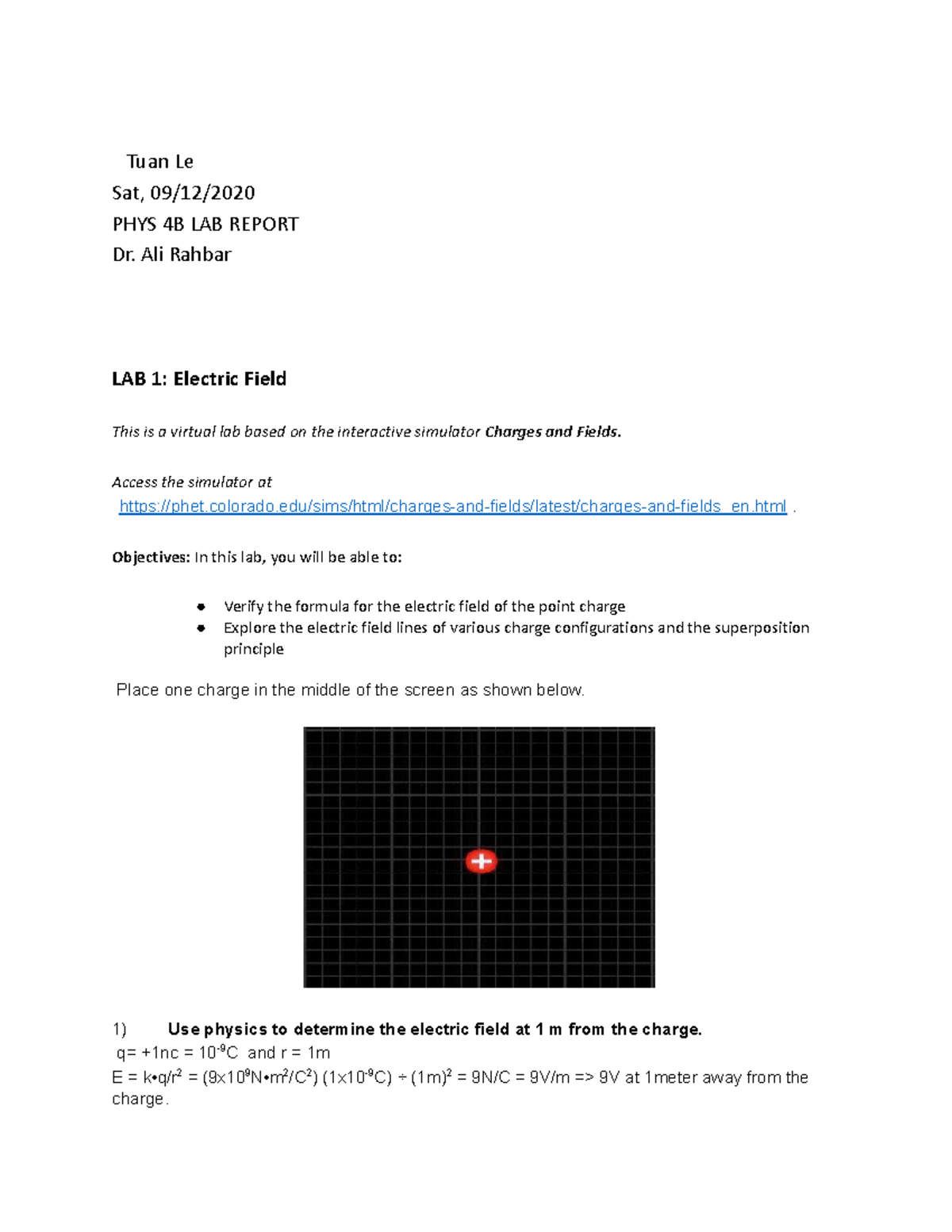 PHYS 4B LAB 2 Report: Exploring Electric Fields in Charge Configurations - Studocu