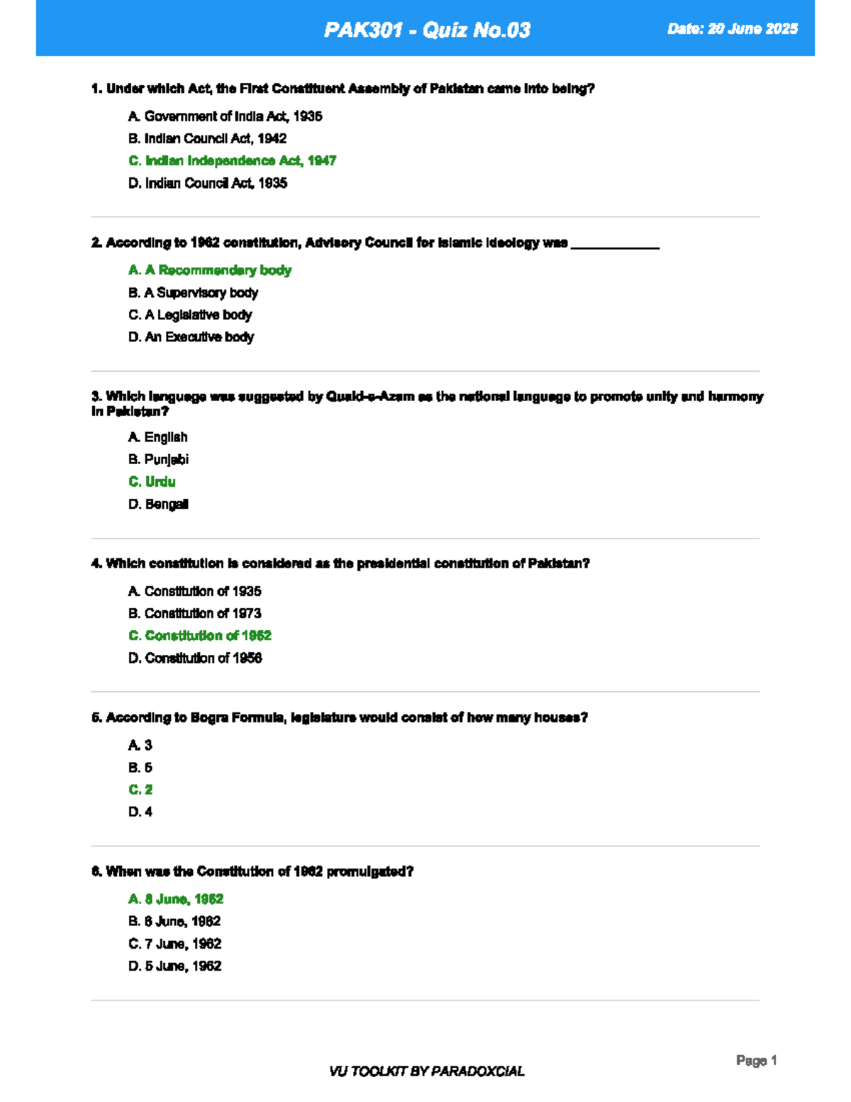 PAK301 Quiz No.03 - Past Paper Questions and Answers - Studocu