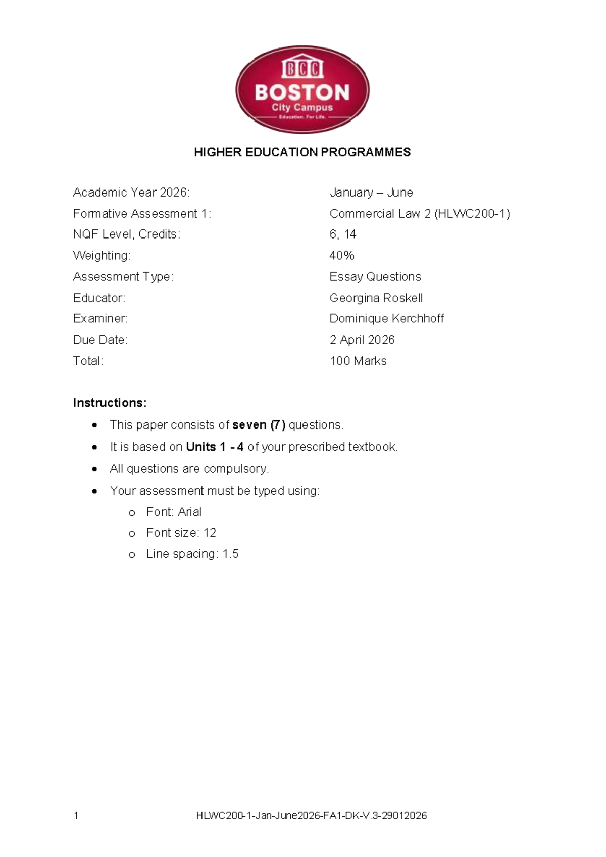 HLWC200-1: Formative Assessment 1 - Commercial Law Essay - Studocu