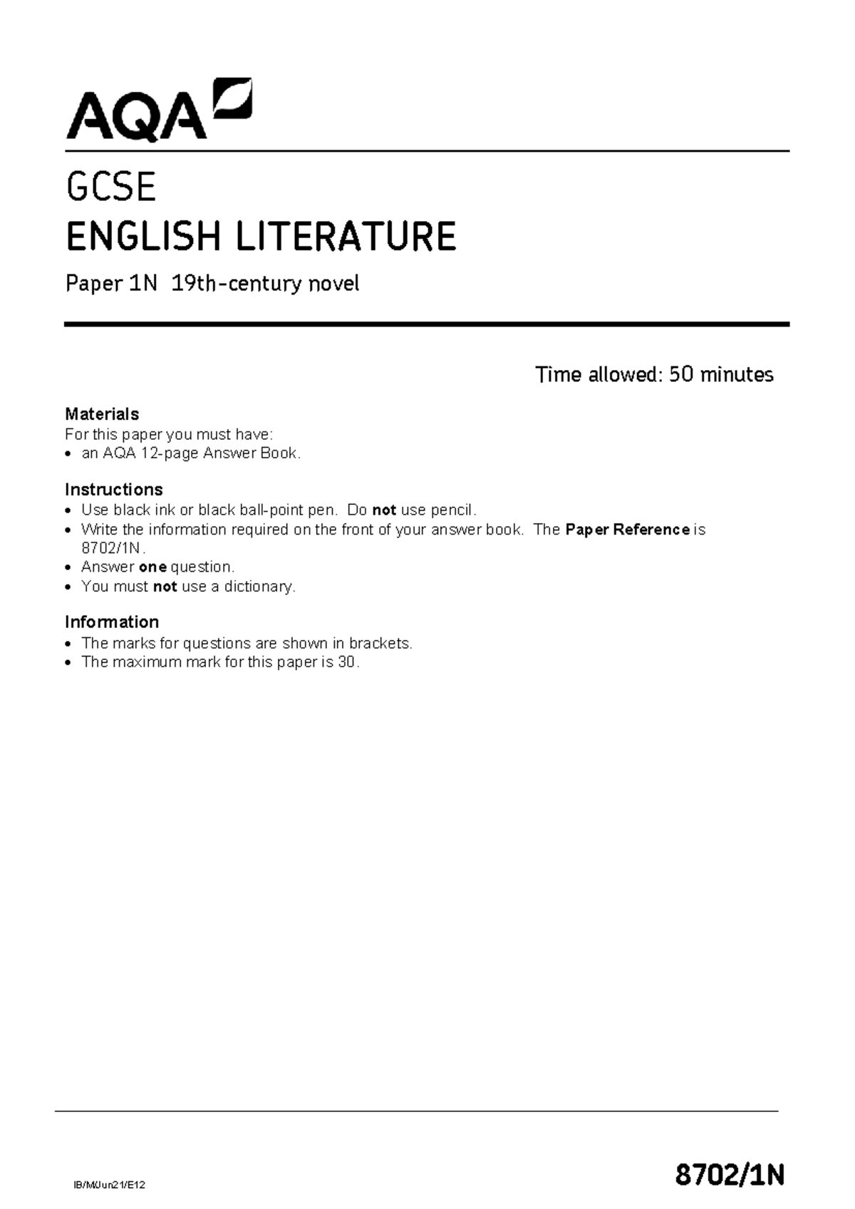 AQA 87021 N GCSE ENGLISH LIT Paper 1 Nov 2021 Exam Questions - Studocu