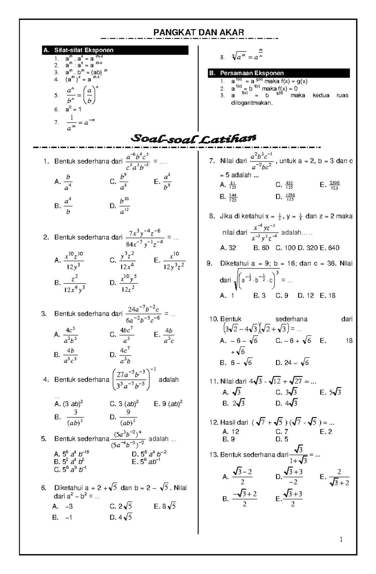 PANGKAT DAN AKAR: Eksponen dan Bentuk Sederhana - Math - Studocu