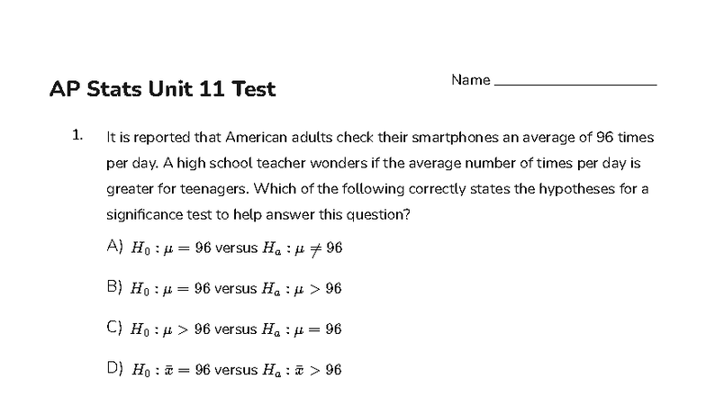 AP Stats Unit 11 Test 1: Hypothesis Testing and Significance Analysis ...
