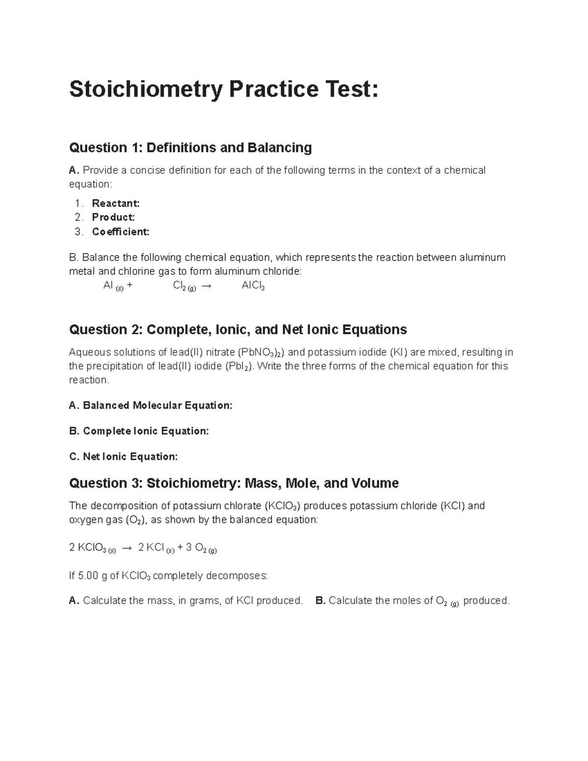 Stoichiometry Practice Test - Studocu