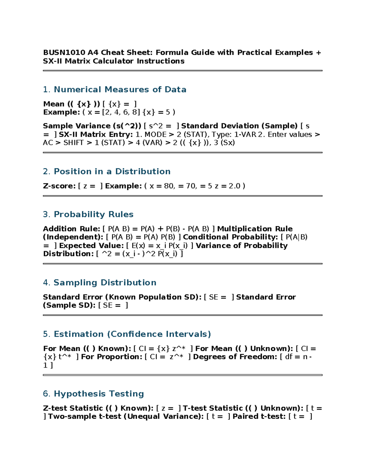 BUSN1010 A4 Cheat Sheet: Key Formulas & Examples for Stats - Studocu