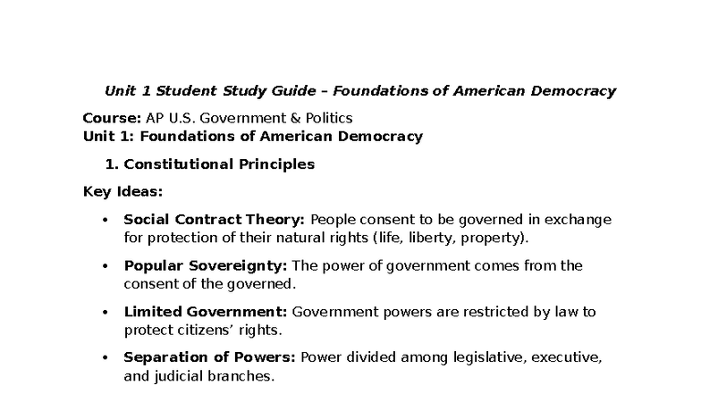 AP U.S. Government & Politics Unit 1 Study Guide: Foundations of ...