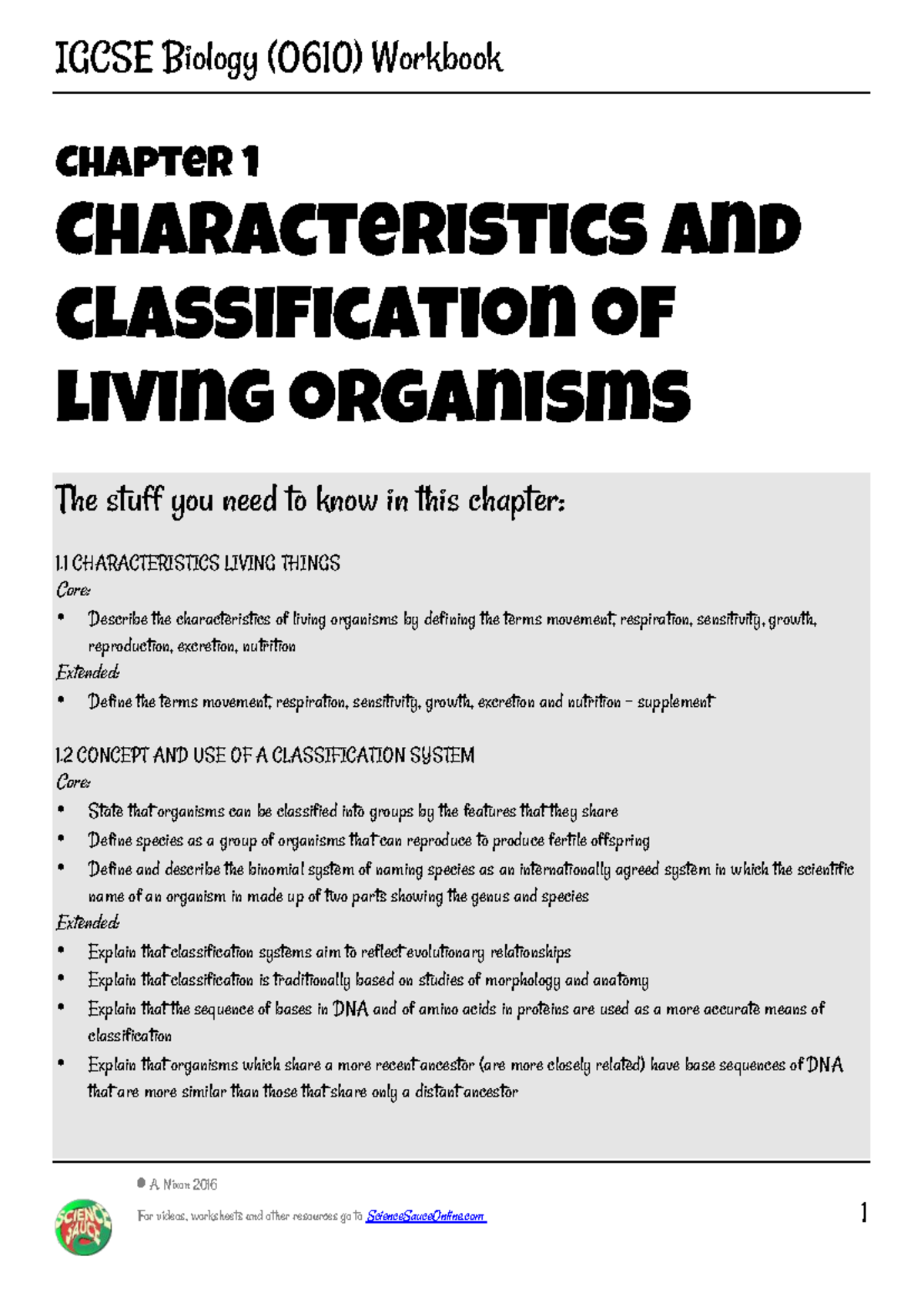 IGCSE Biology (O610) Workbook: Chapter 1 - Characteristics ...