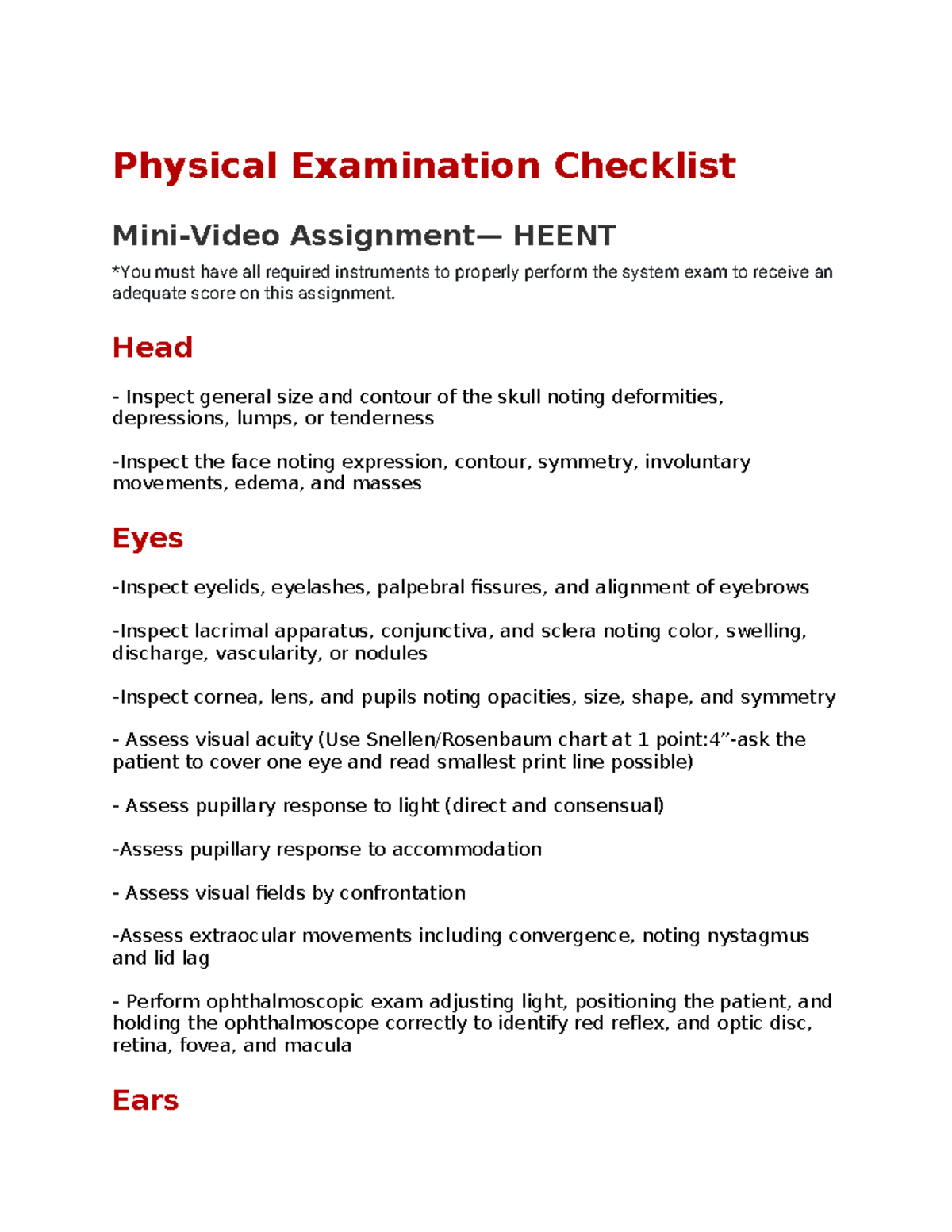 Physical Examination Checklist: HEENT SU125 - Studocu