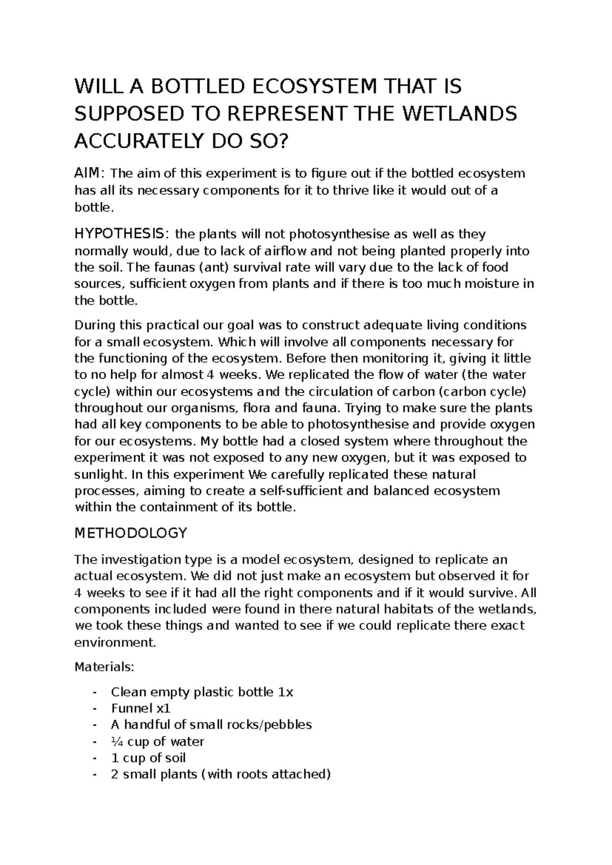 Practical Report SAC 2 - Enviro: Bottled Ecosystem Experiment - Studocu