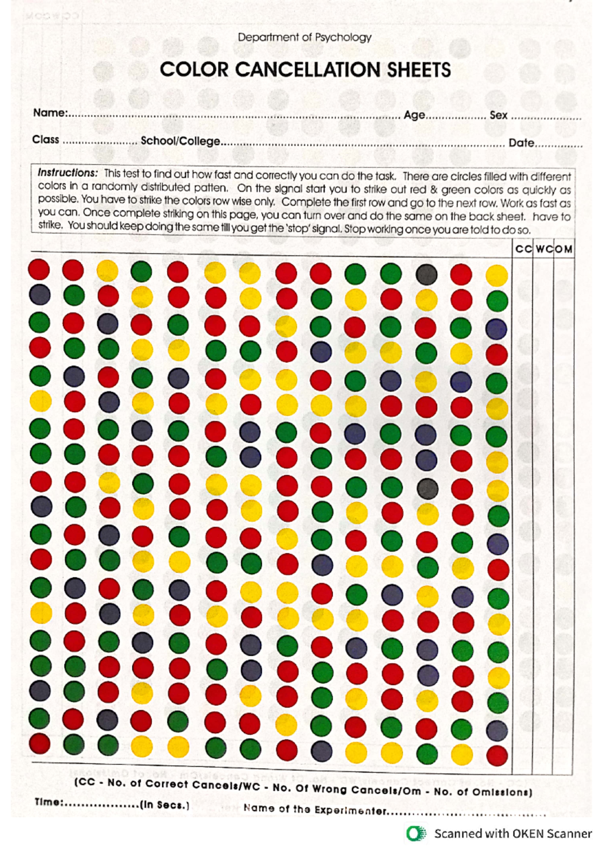 Psychology CC Test: Color Cancellation Task Instructions and Details ...