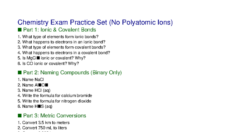 Chemistry Exam Practice Set: Ionic & Covalent Bonds, Naming, VSEPR ...