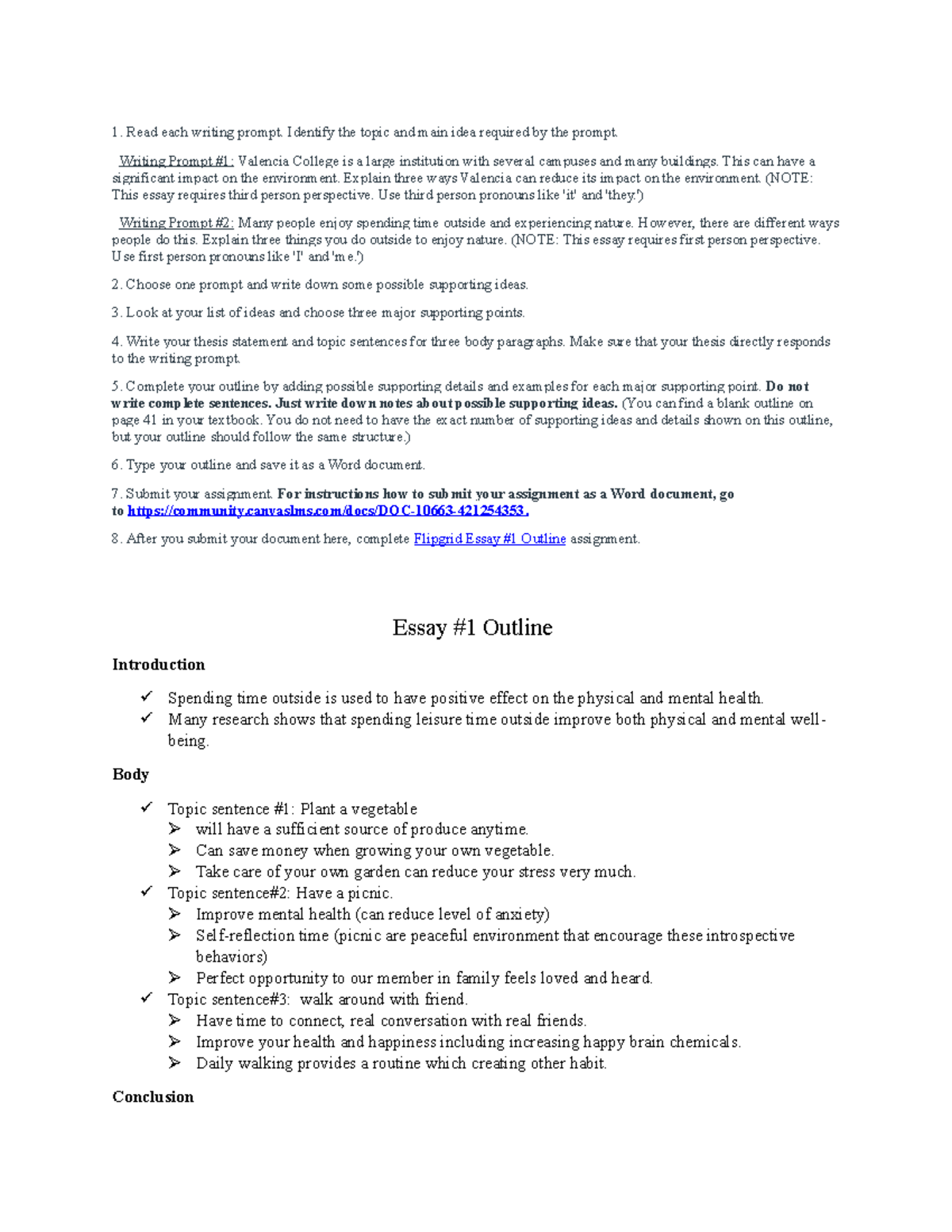 Essay#1 outline - Read each writing prompt. Identify the topic and main ...