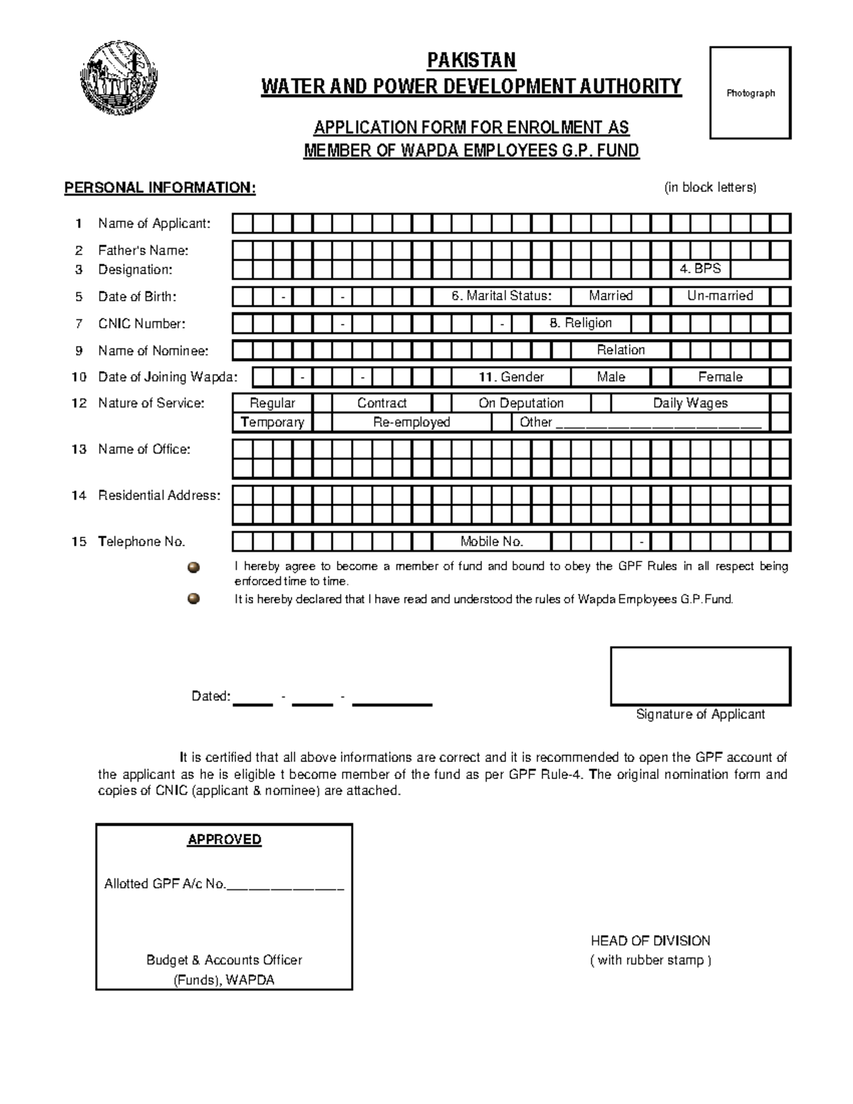 Enrolment as Member of G.P. Fund - 1 Name of Applicant: 2 Father's Name ...