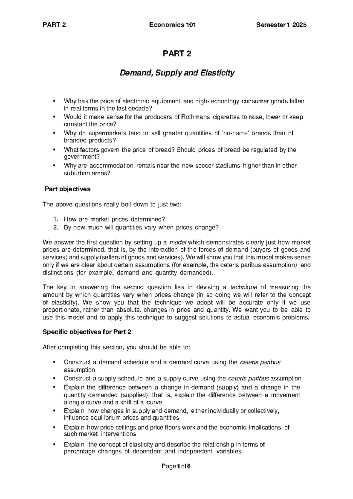 Econ 101 Part 2: Demand, Supply, and Elasticity Overview for 2025 - Studocu