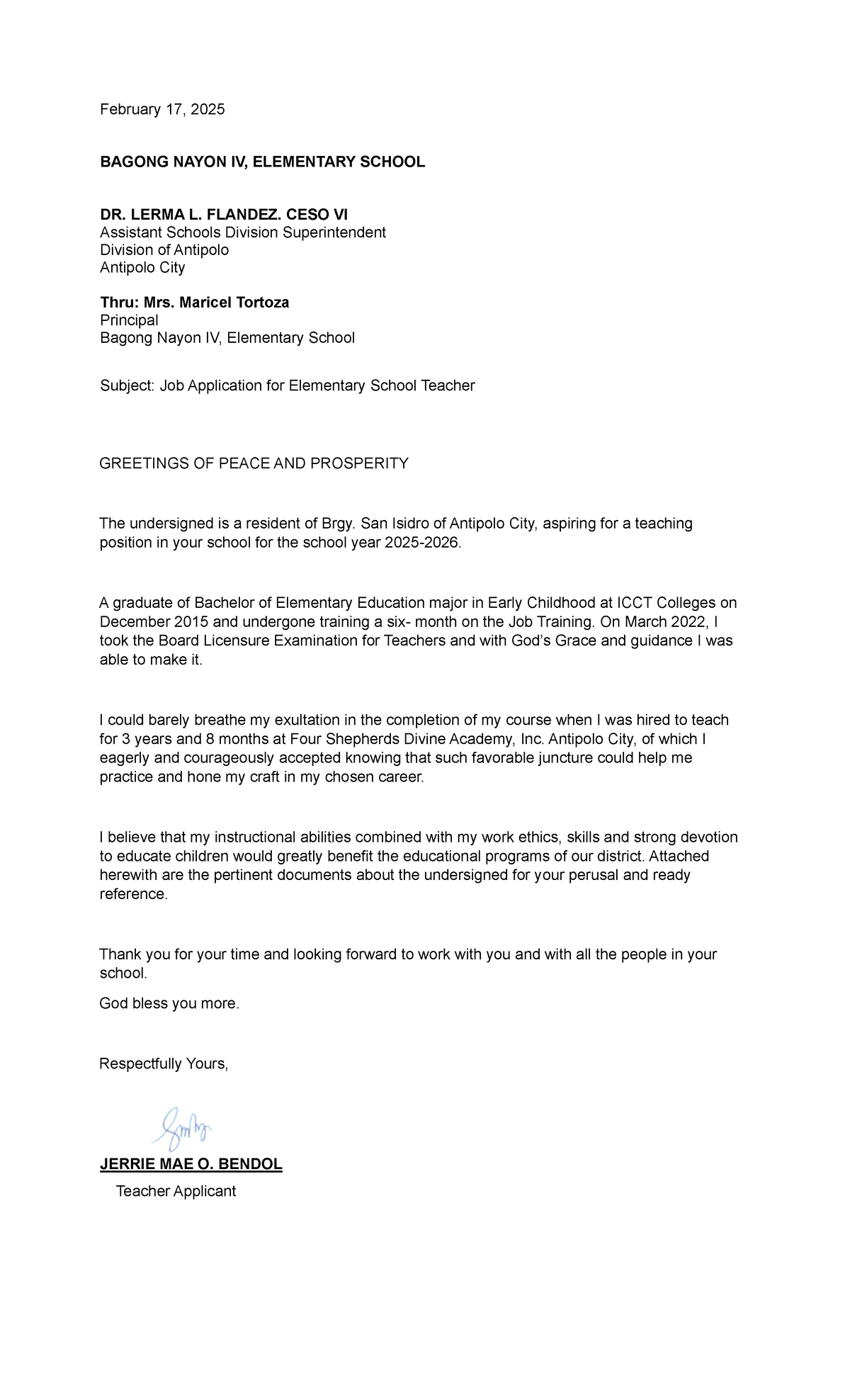 Job Application Letter for Elementary Teacher Position - Studocu