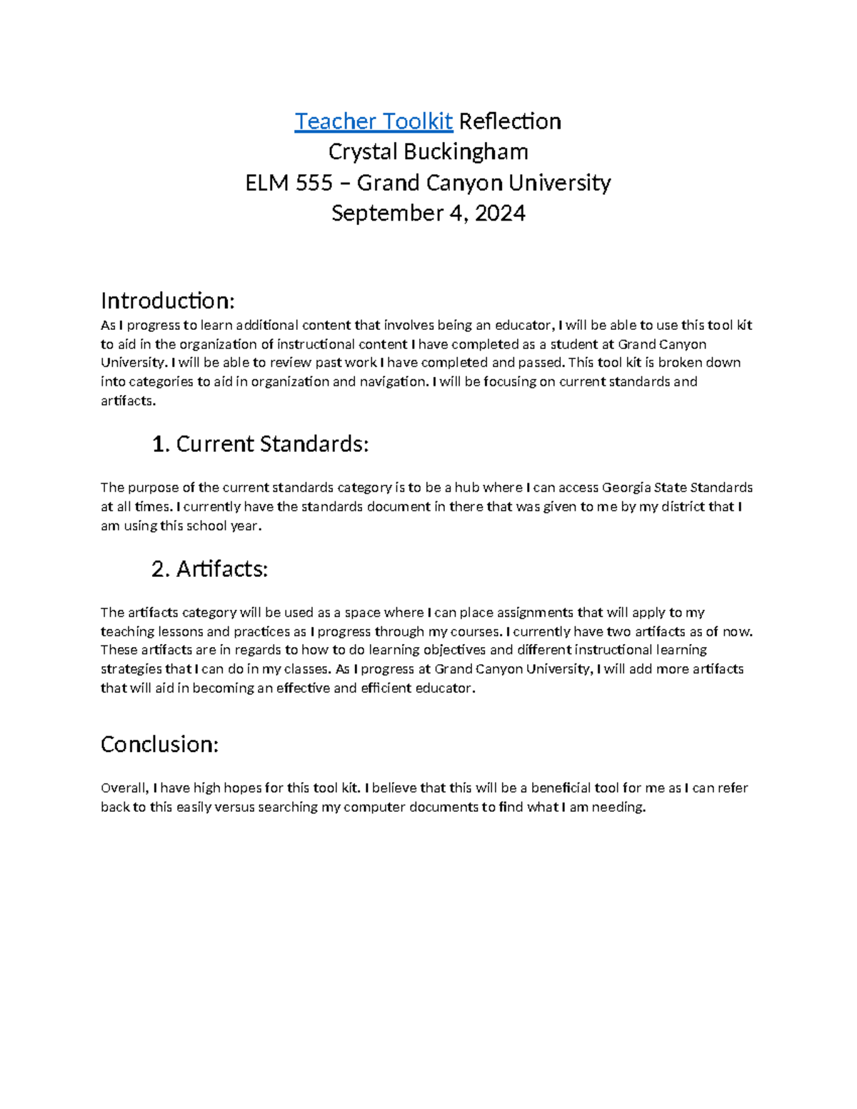 ELM 555 Teacher Toolkit Reflection for Future Educators - Studocu