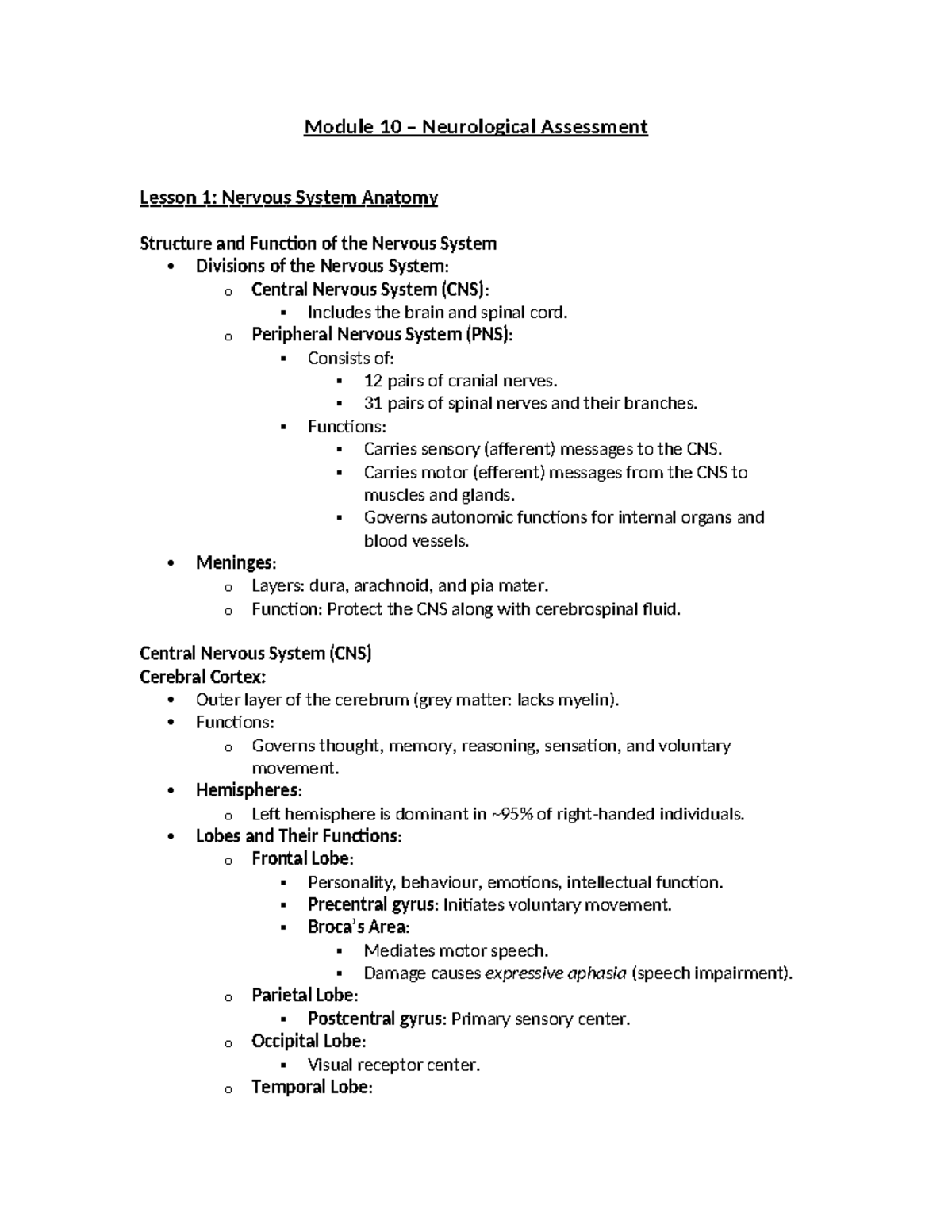 Module 10 - Neurological Assessment Notes - Module 10 – Neurological ...