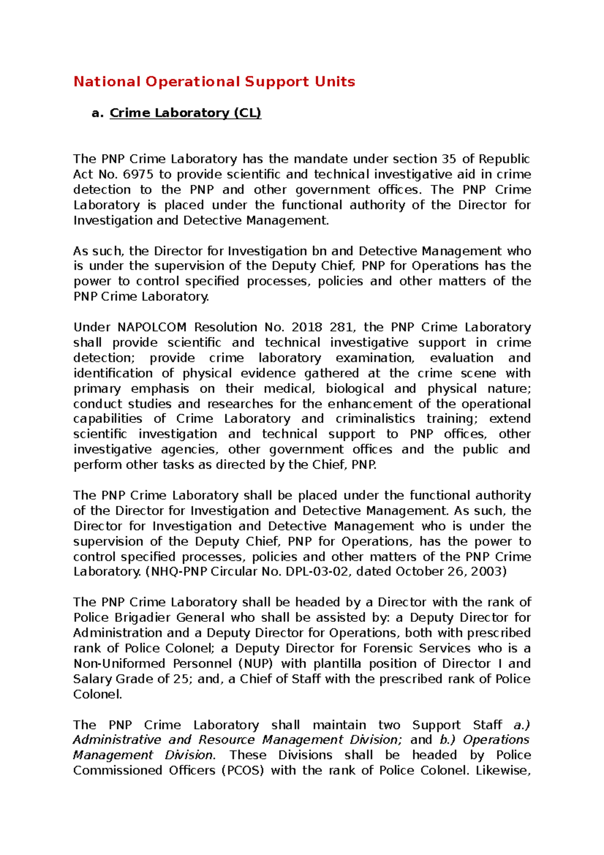 LEA1 Overview of National Operational Support Units in PNP - Studocu