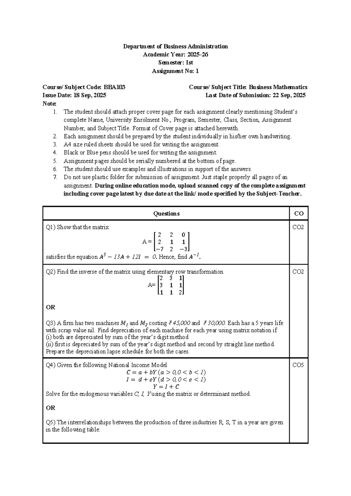 BBA103 Business Mathematics Assignment 1 Guidelines 2025 - Studocu