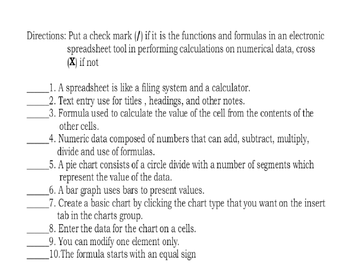 TLE-spreadsheet quiz - rtrtardgaree - Directions: Put a check mark if ...