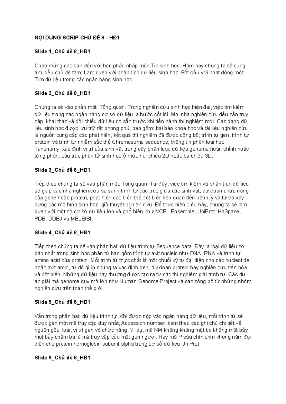 NỘI DUNG SCRIP CHỦ ĐỀ 8 - HĐ1: Phân Tích Dữ Liệu Sinh Học - Studocu