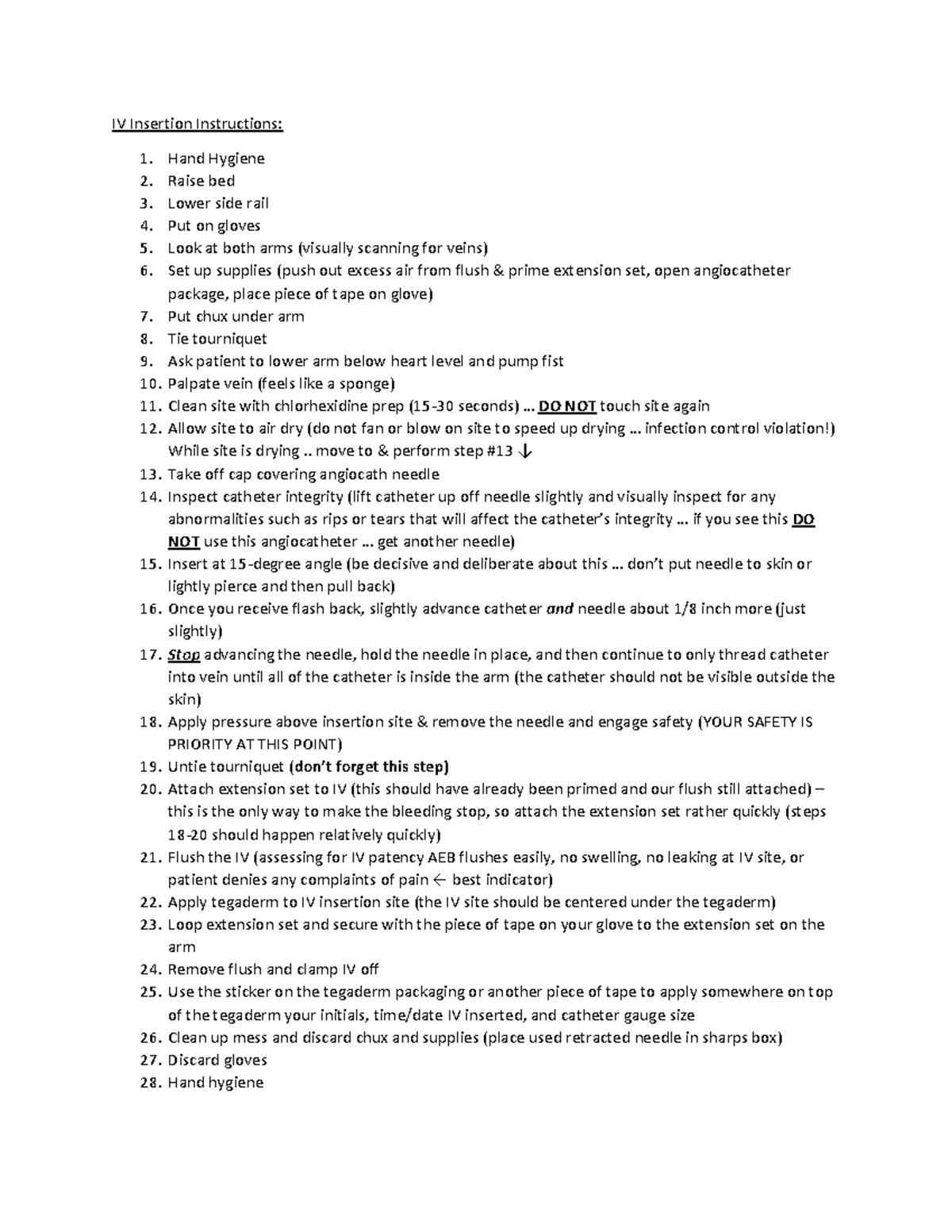 IV Insertion Procedure Guide: Step-by-Step Instructions - Studocu