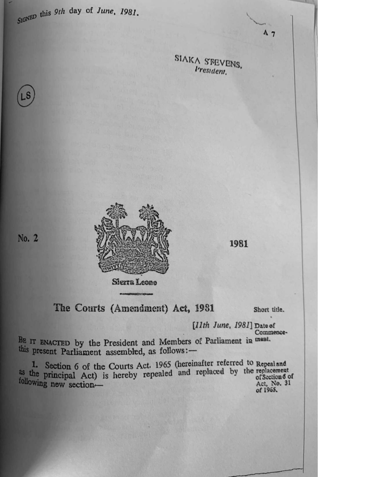The Courts (Amendment) Act, 1981 - LS No. 2 Legislative Document - Studocu