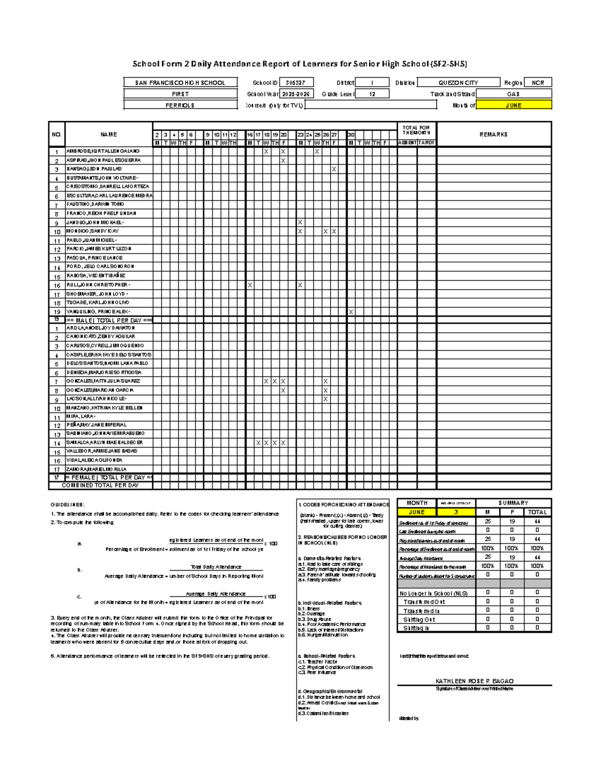 School Form 2 Daily Attendance Report for SHS 12-GAS - Ferriols 2025 ...