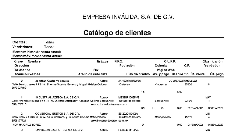 Catálogo de Clientes - EMPRESA INVÁLIDA, S.A. de C.V. - Studocu
