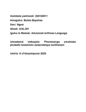 [Solved] yintoni ulwimi lwesixhosa - isiXhosa (LX505) - Studocu