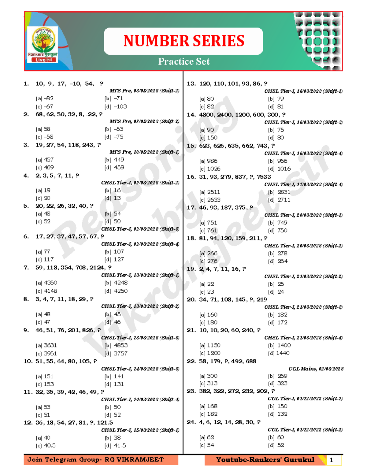 Number Series Practice Set 1 for MTS Pre & CHSL Exams - Studocu