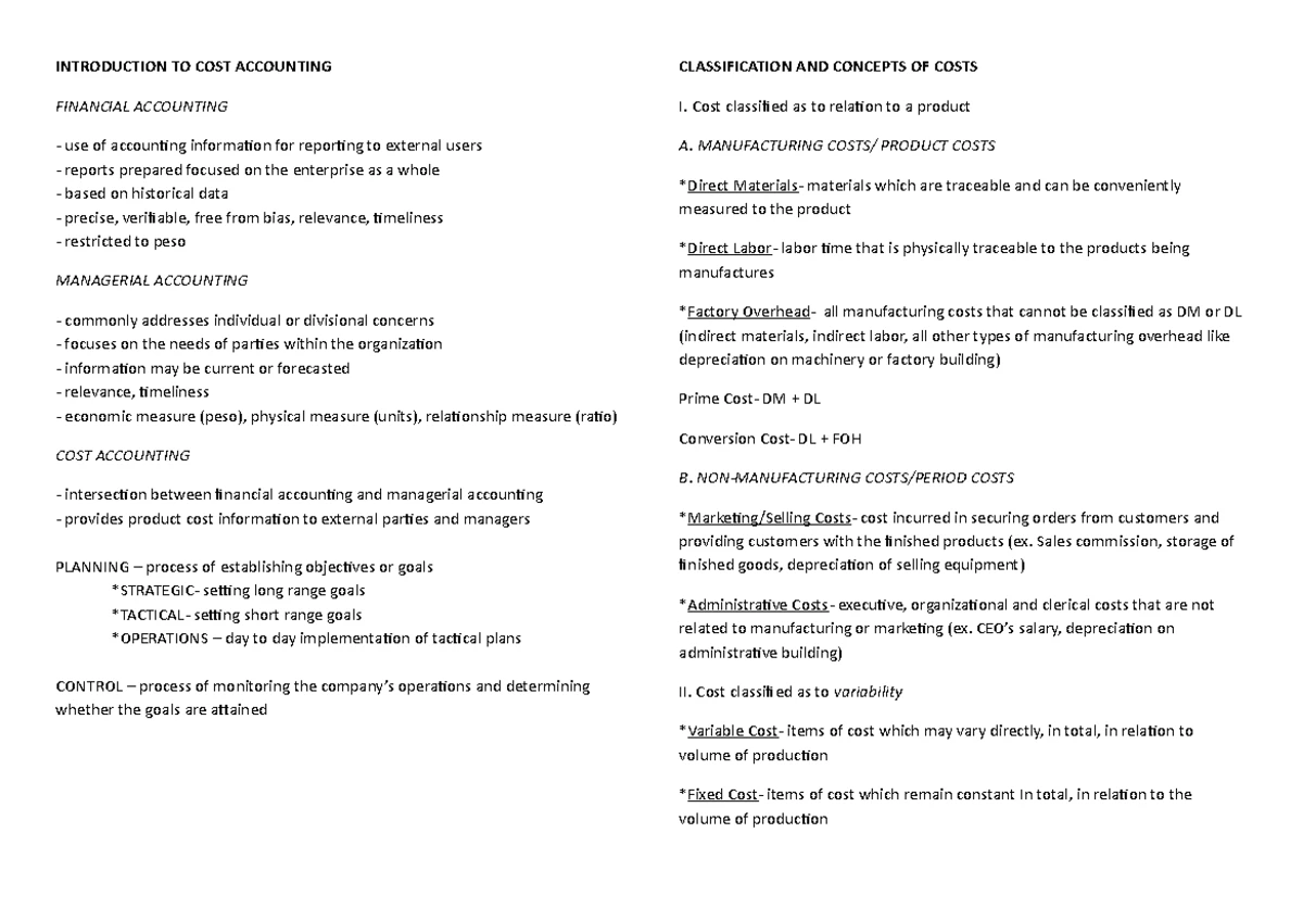 Cost Accounting And Control Lecture Notes Cost Accounting And Control Chapter 1 Basic