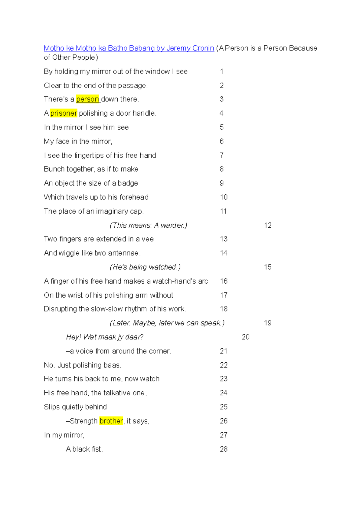 Motho ke Motho ka Batho Babang - Ubuntu Poem Analysis & Notes - Studocu